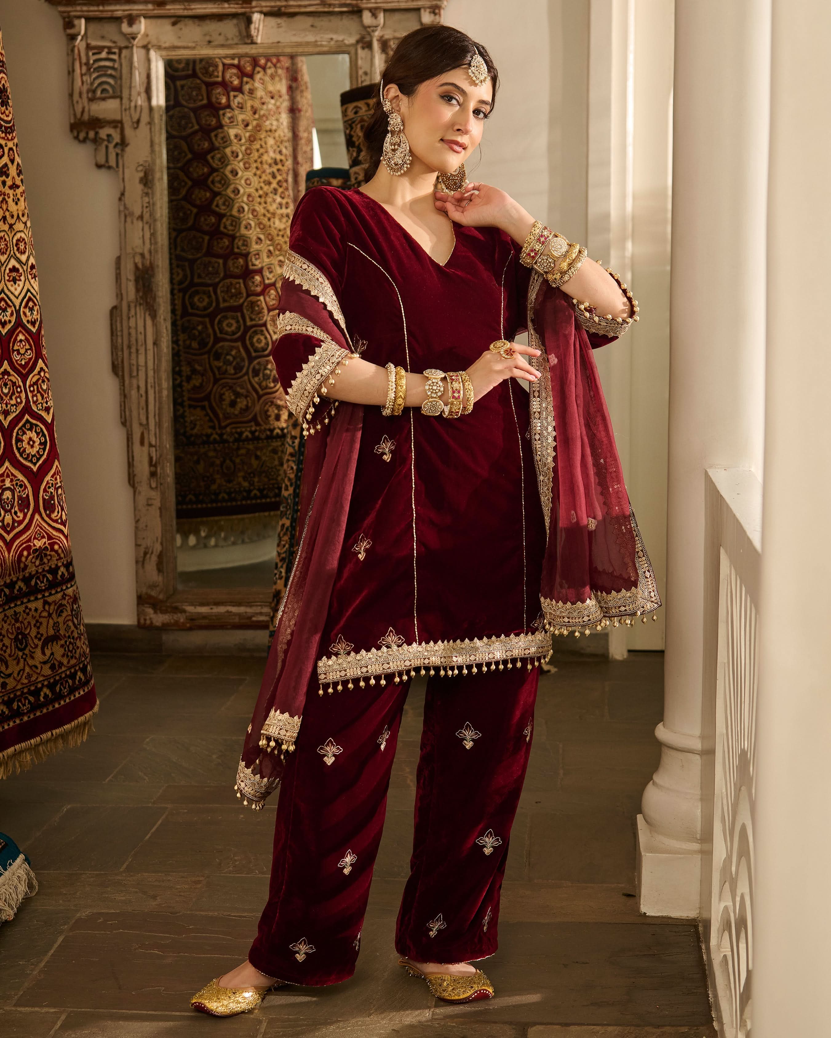 Shop Jack Maroon Embroidered Velvet Suit Set for Women Online in India ...
