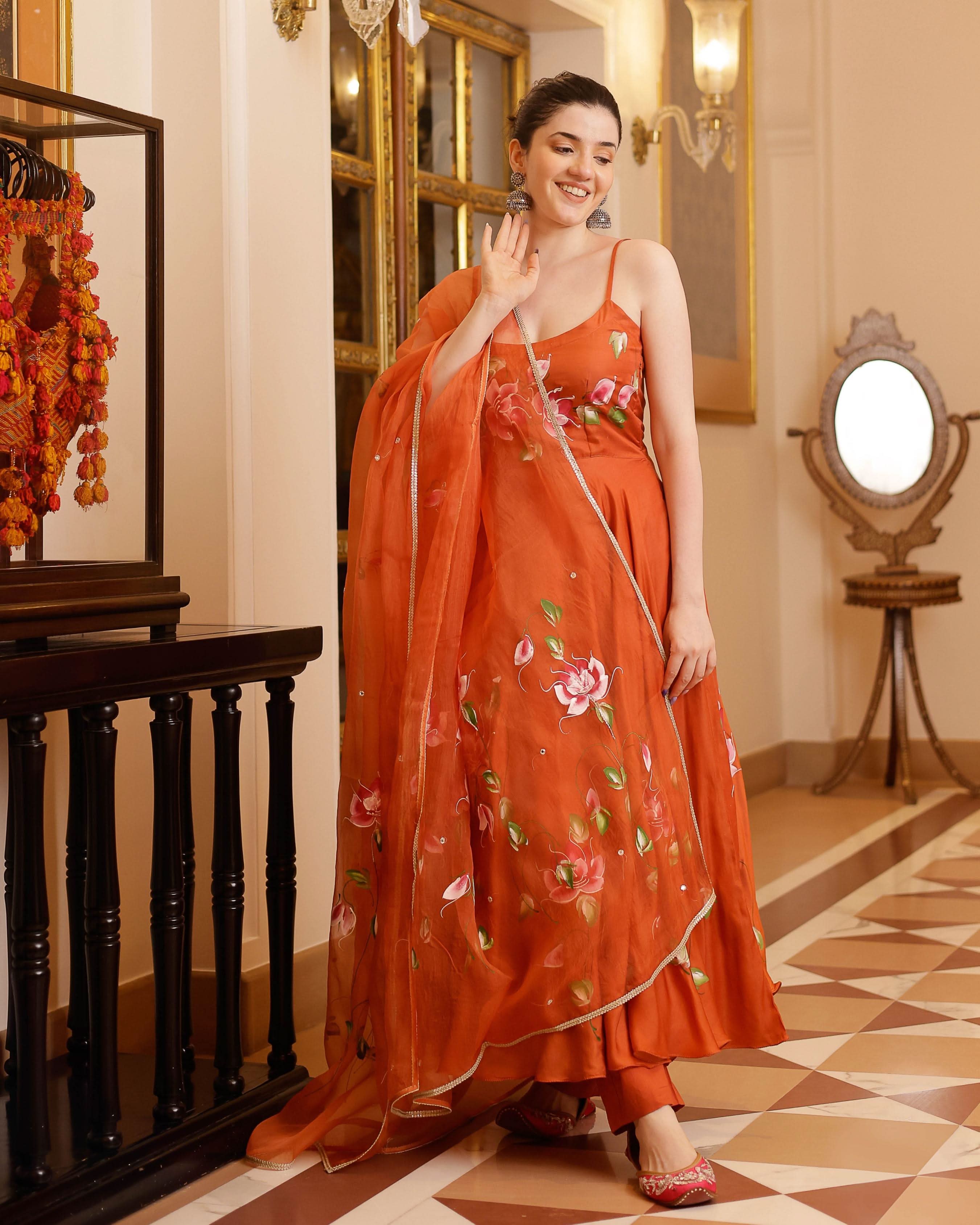 Shop Riha Handpainted Satin Suit Set for Women Online in India at Aachho
