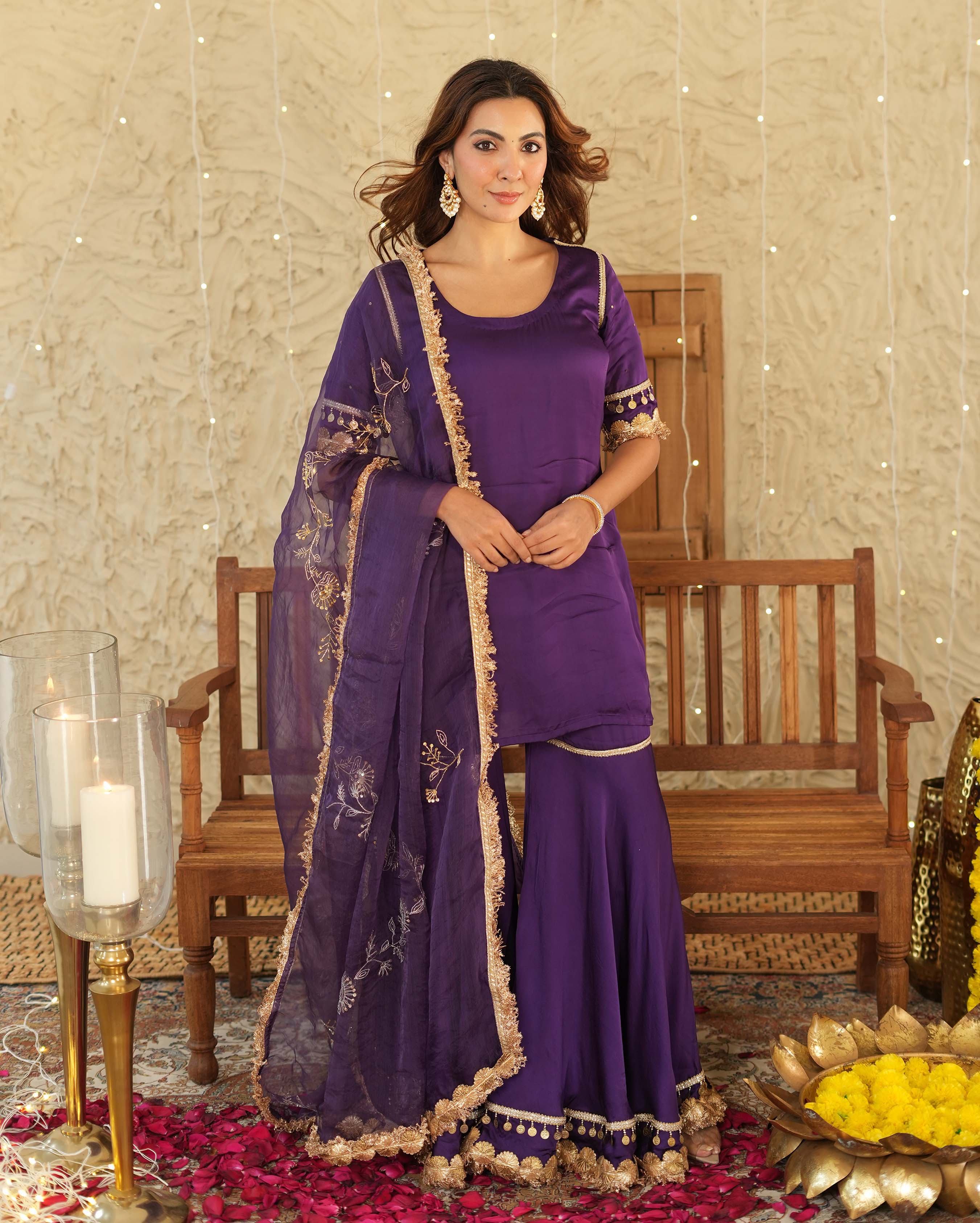 Shop Ujwal Purple Solid Satin Sharara Set for Women Online in India at Aachho