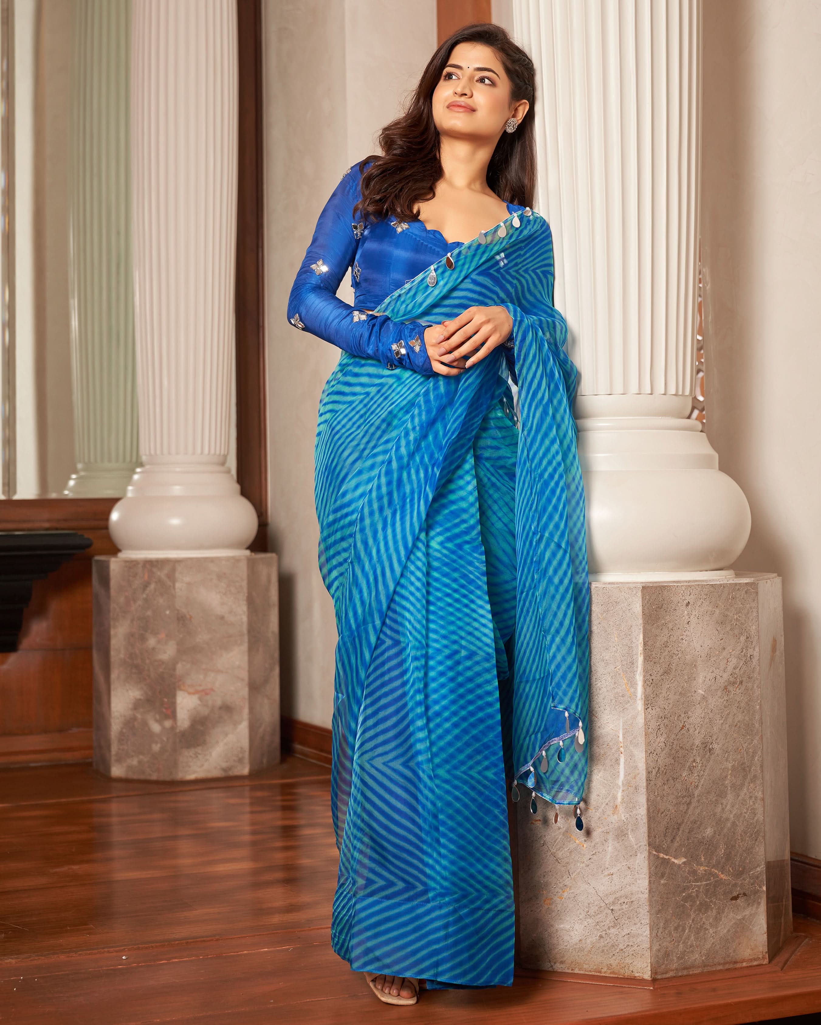 Shop Neeru Blue Leheriya Organza Pre Draped Saree for Women Online in ...