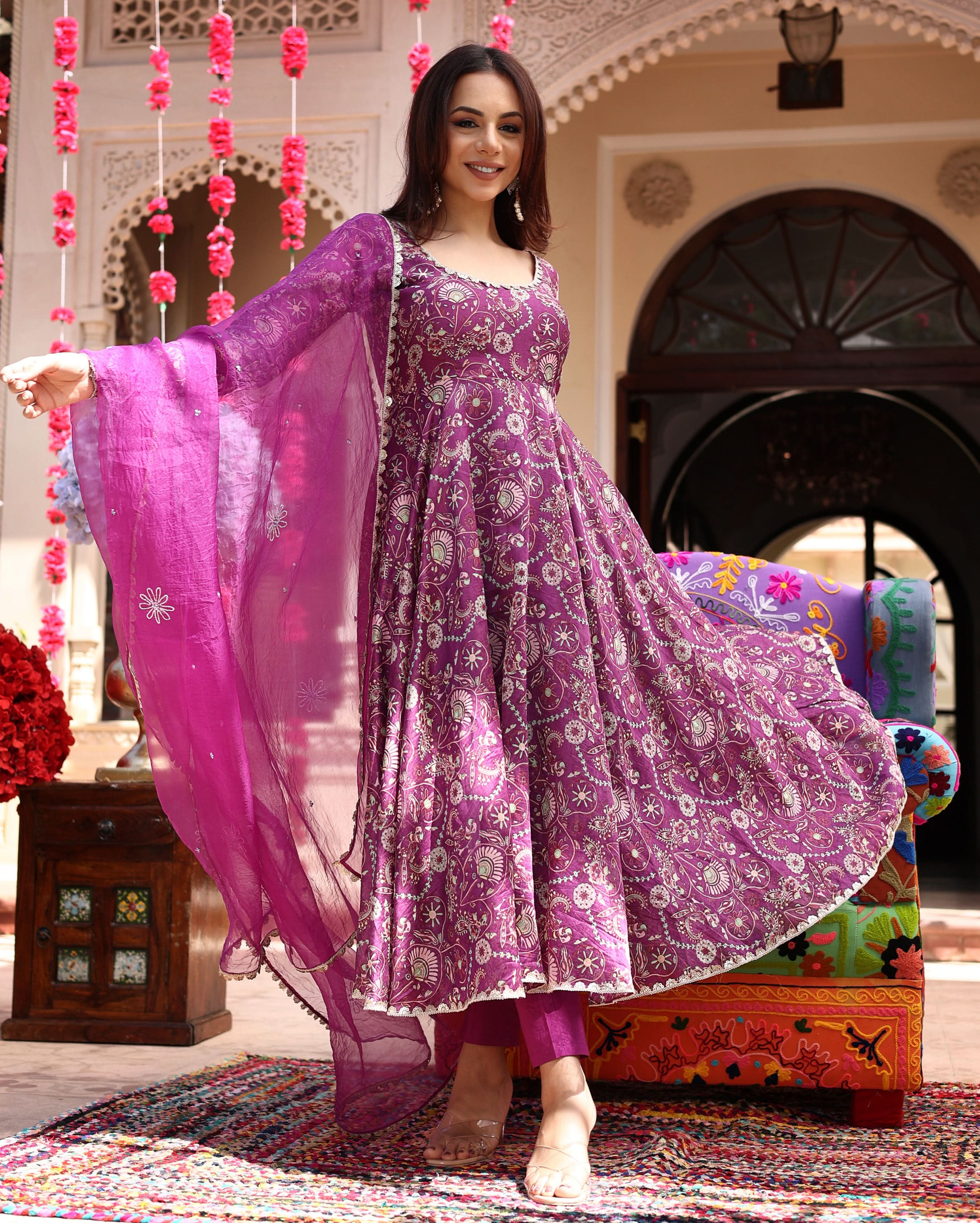 Shop Floral Lavender Hues Printed Chanderi Suit Set for Women Online in ...