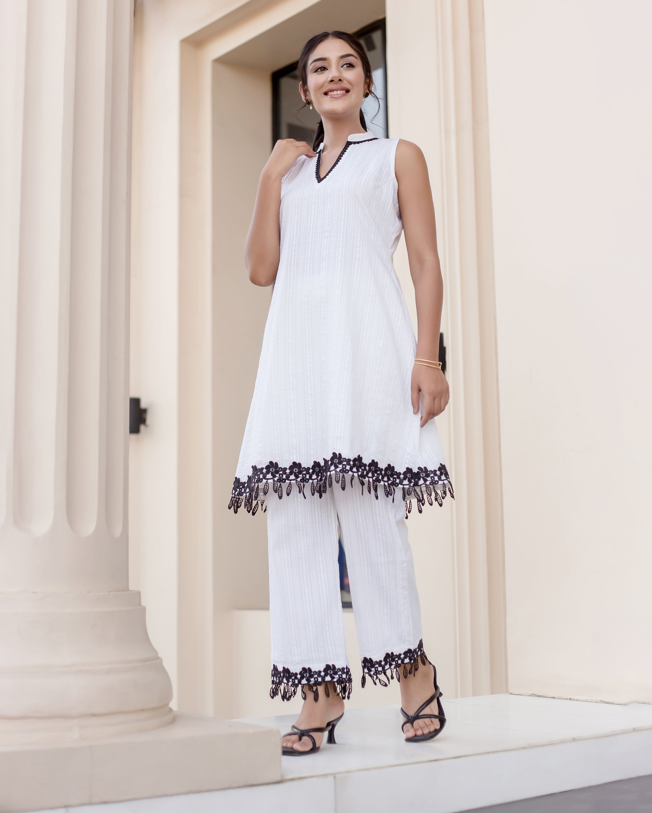 Shop Daffodil White Solid Cotton Dobby Coord Set for Women Online in India at Aachho