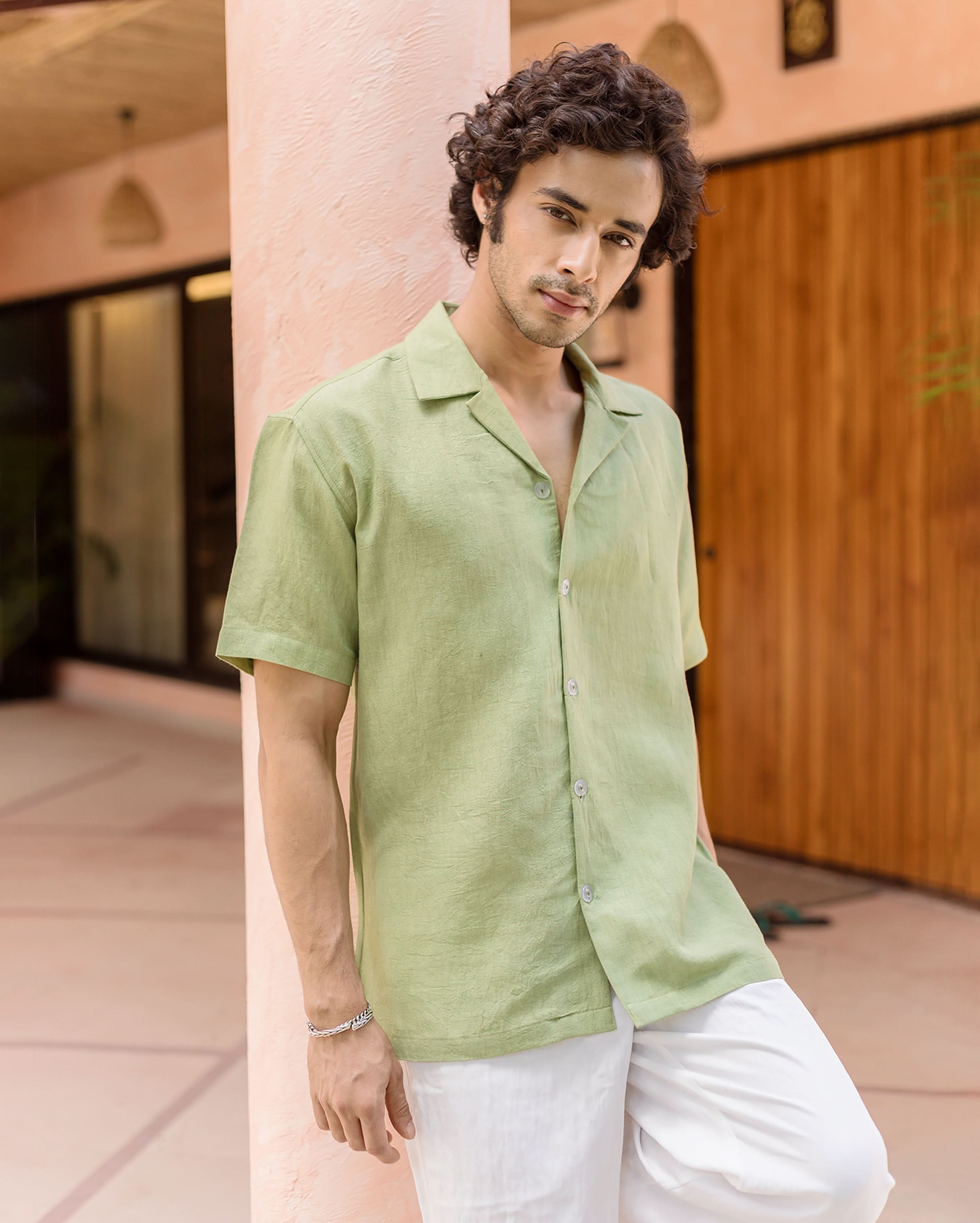 Shop Marlo Pistachio Green Linen Solid Shirt for Men Online in India at ...